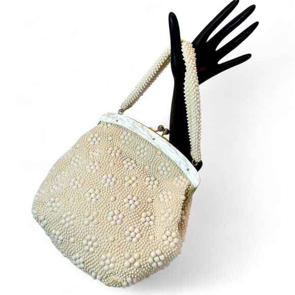 Vintage | Bags | 9450s Beaded Ivory Purse With Pearl Lucite Trim Kiss ...